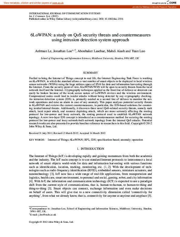 (PDF) 6LoWPAN: a study on QoS security threats and countermeasures using intrusion detection ...