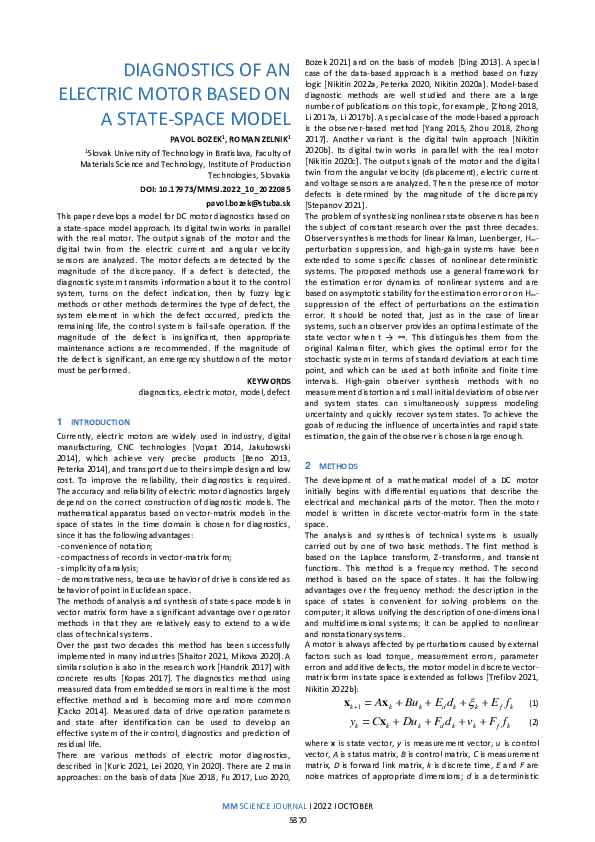 (PDF) Diagnostics of an Electric Motor Based on a State-Space Model