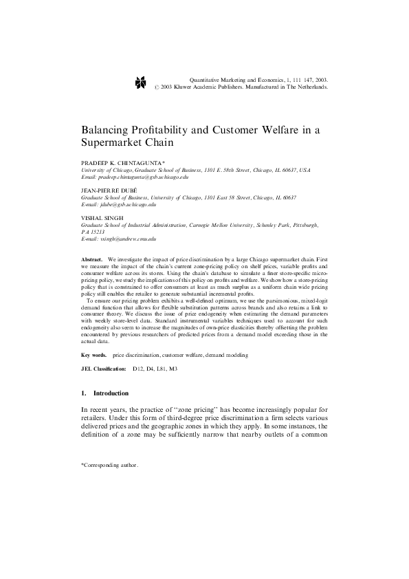 (PDF) Balancing Profitability and Customer Welfare in a Supermarket Chain
