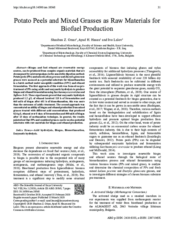 (PDF) Potato Peels and Mixed Grasses as Raw Materials for Biofuel Production