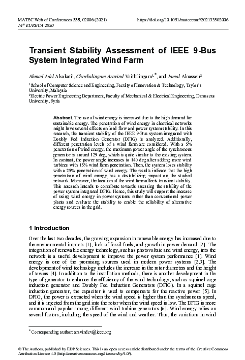 (PDF) Transient Stability Assessment of IEEE 9-Bus System Integrated Wind Farm