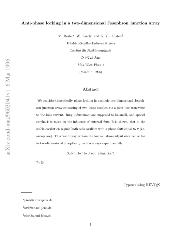 (PDF) Antiphase locking in a two‐dimensional Josephson junction array