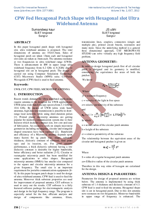 (PDF) CPW Fed Hexagonal Patch Shape with Hexagonal slot Ultra Wideband ...