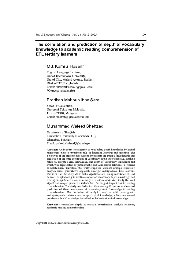 (PDF) The correlation and prediction of depth of vocabulary knowledge ...