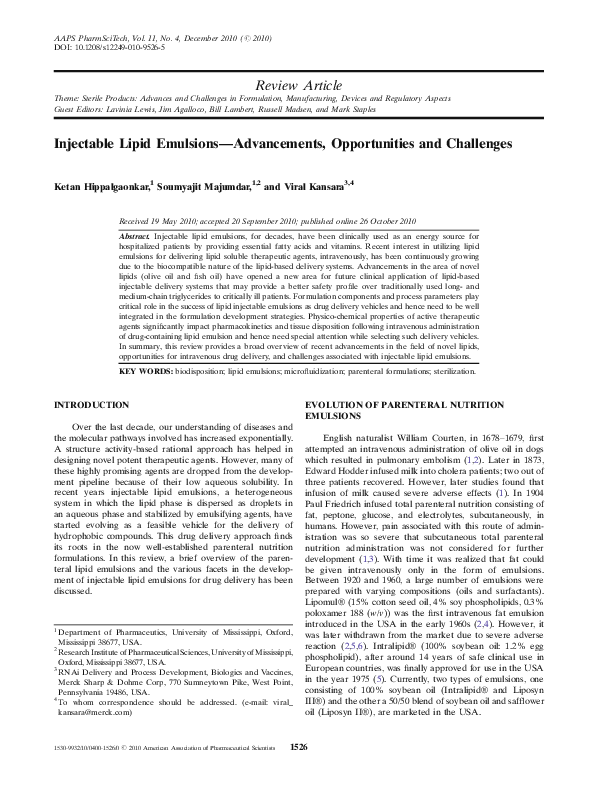 (PDF) Injectable Lipid Emulsions—Advancements, Opportunities and Challenges