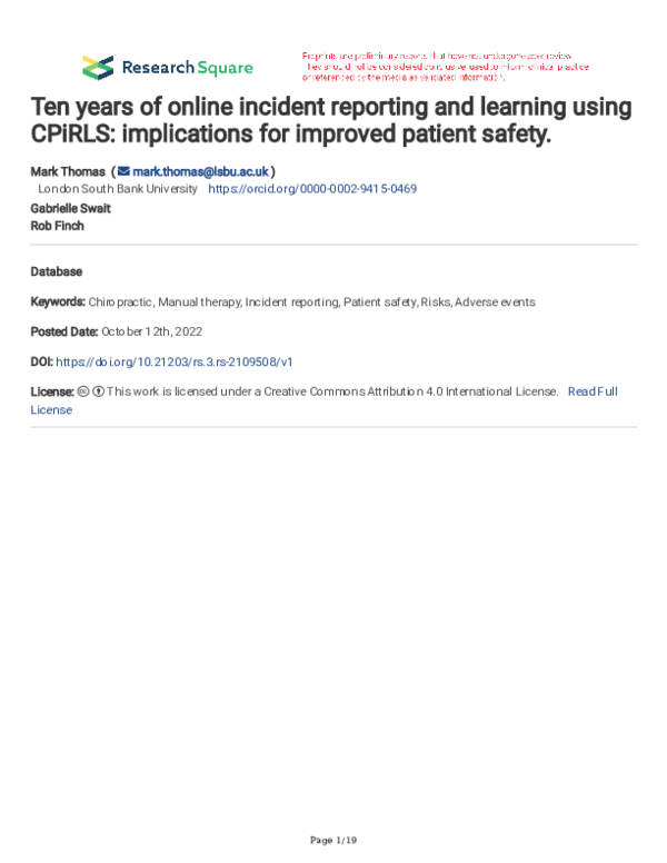 (PDF) Ten years of online incident reporting and learning using CPiRLS ...