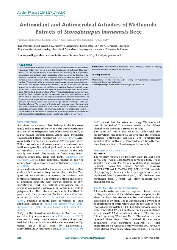 (PDF) Antioxidant and Antimicrobial Activities of Methanolic Extracts of Scorodocarpus ...