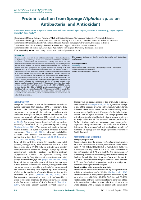 (PDF) Protein Isolation from Sponge Niphates sp. as an Antibacterial ...