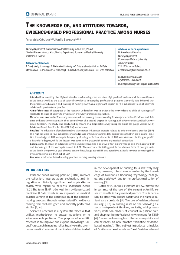 (PDF) The knowledge of, and attitudes towards, evidence-based professional practice among nurses ...
