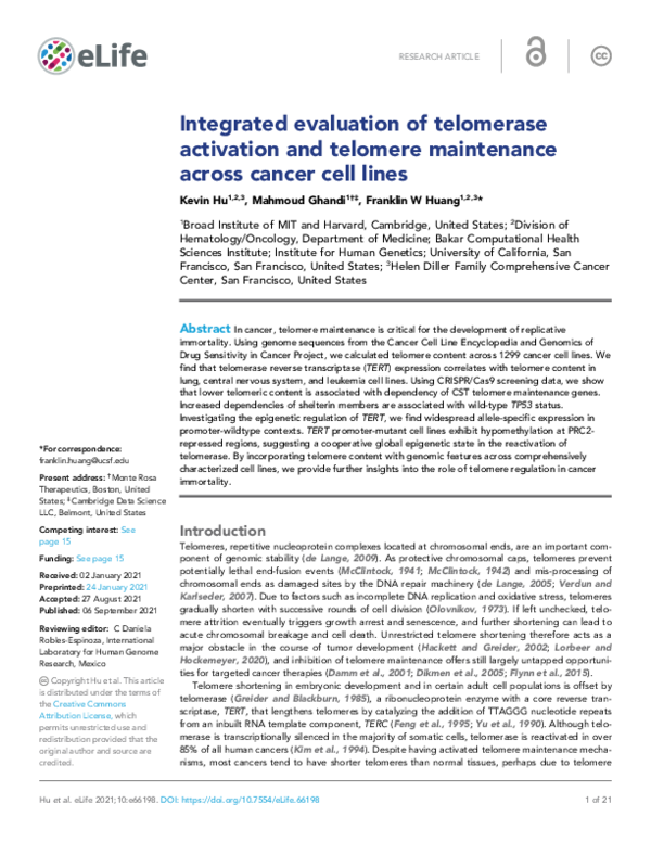 (PDF) Integrated evaluation of telomerase activation and telomere ...