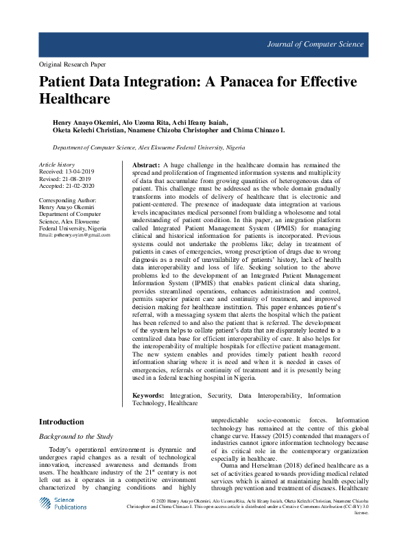 (PDF) Patient Data Integration: A Panacea for Effective Healthcare
