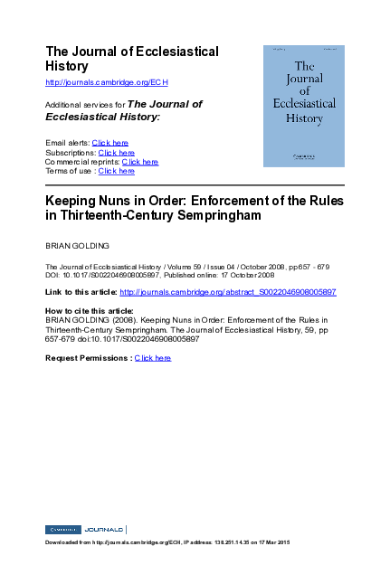 (PDF) Keeping Nuns in Order: Enforcement of the Rules in Thirteenth ...