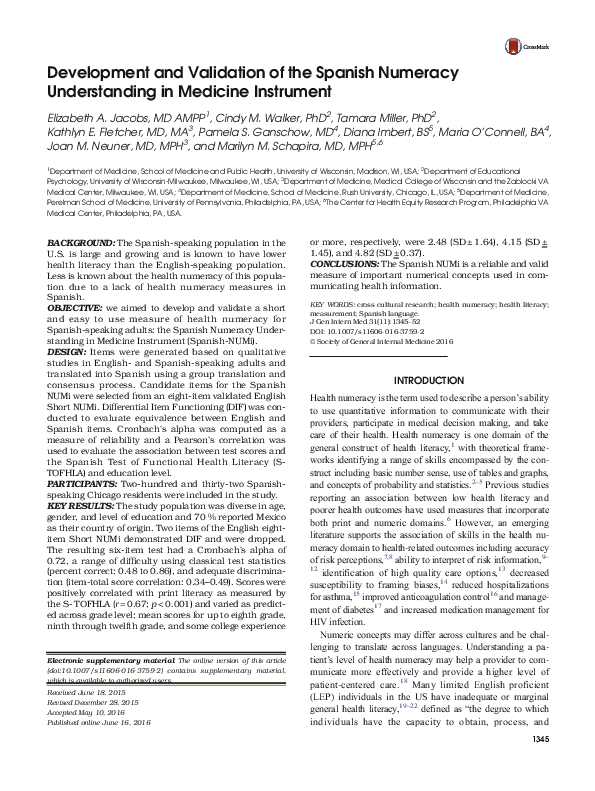 (PDF) Development and Validation of the Spanish Numeracy Understanding ...