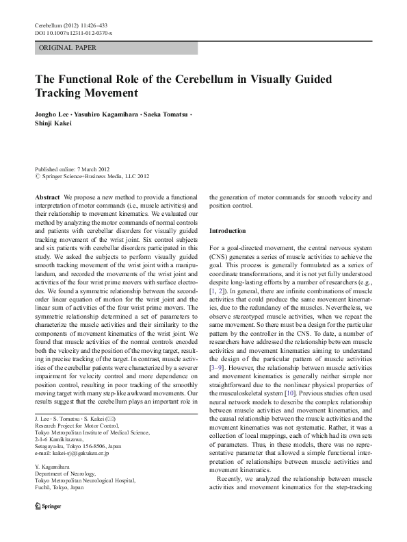 (PDF) The Functional Role of the Cerebellum in Visually Guided Tracking Movement
