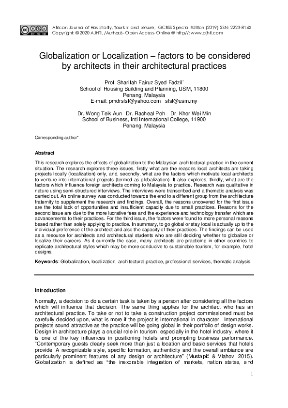 (PDF) Globalization or Localization – factors to be considered by architects in their ...