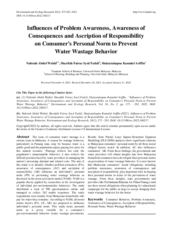 (PDF) Influences of Problem Awareness, Awareness of Consequences and ...