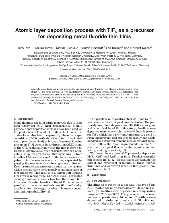 (PDF) Atomic layer deposition process with TiF_4 as a precursor for depositing metal fluoride ...