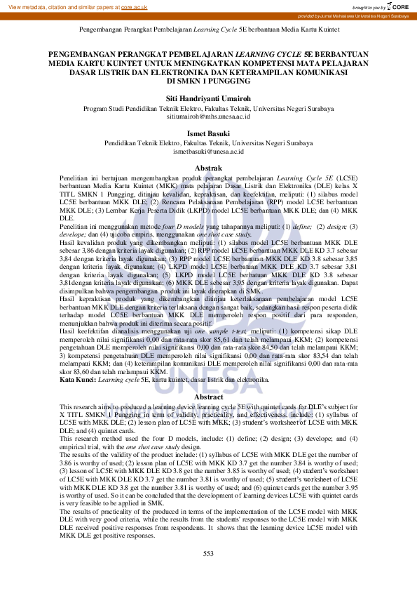 (PDF) Pengembangan Perangkat Pembelajaran Learning Cycle 5E berbantuan Media Kartu Kuintet untuk ...