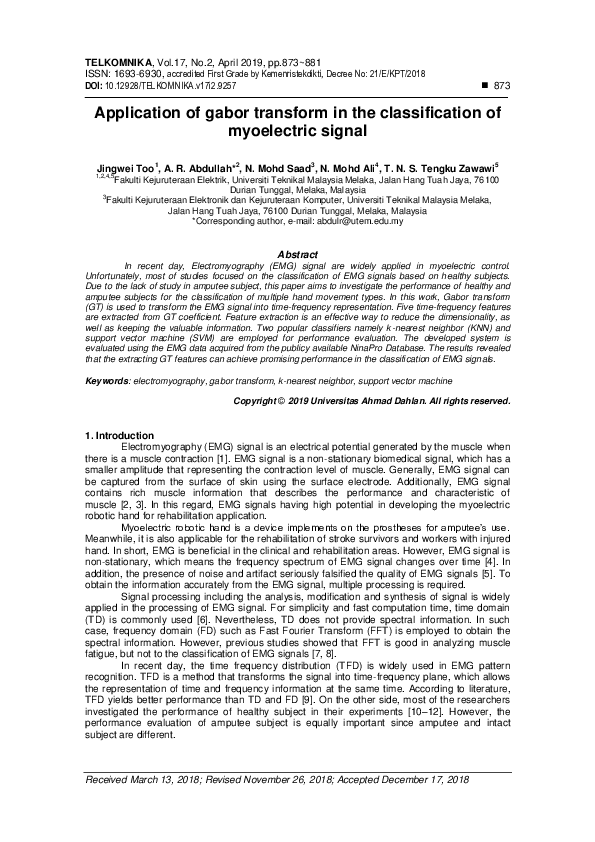 Pdf Application Of Gabor Transform In The Classification Of Myoelectric Signal