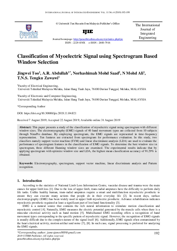 Pdf Classification Of Myoelectric Signal Using Spectrogram Based Window Selection