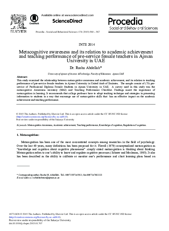 Pdf Metacognitive Awareness And Its Relation To Academic Achievement And Teaching Performance