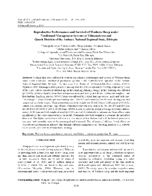 (PDF) Reproductive Performances and Survival of Washera Sheep under ...