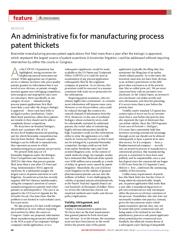 (PDF) An administrative fix for manufacturing process patent thickets