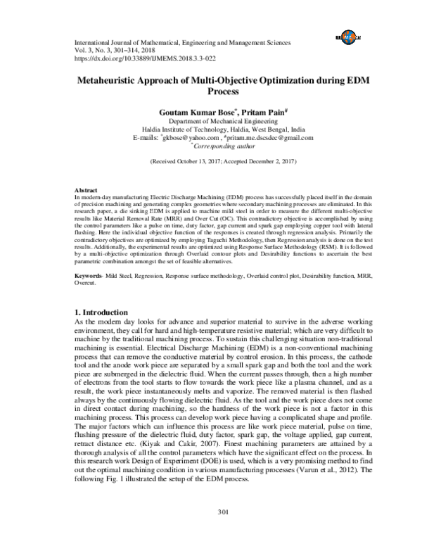 Pdf Metaheuristic Approach Of Multi Objective Optimization During Edm