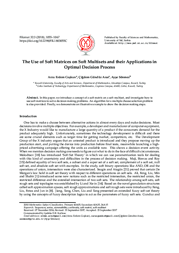 (PDF) The use of soft matrices on soft multisets and their applications in optimal decision ...