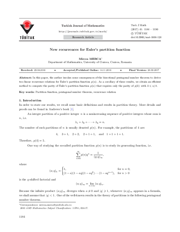 (PDF) New recurrences for Euler''s partition function