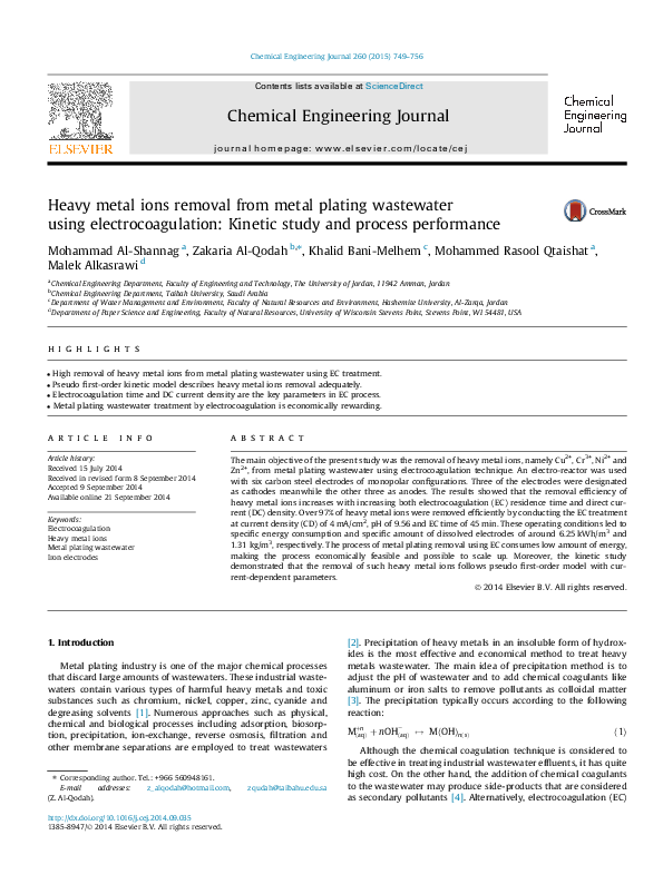 (PDF) Heavy metal ions removal from metal plating wastewater using electrocoagulation: Kinetic ...