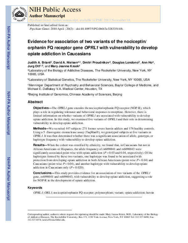 (PDF) Evidence for association of two variants of the nociceptin ...