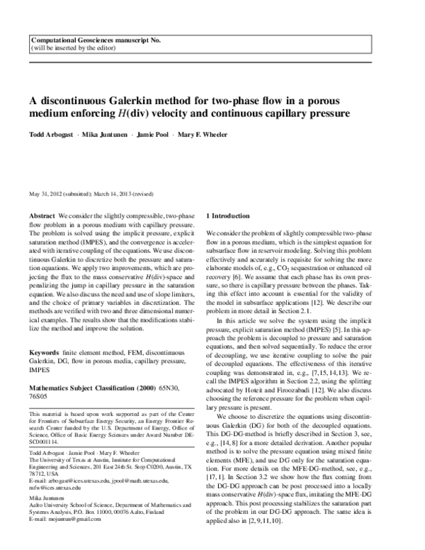 (PDF) A discontinuous Galerkin method for two-phase flow in a porous ...