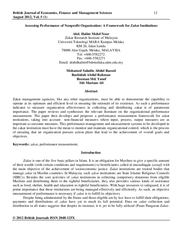 (PDF) Assessing Performance of Nonprofit Organization: A Framework for Zakat Institutions