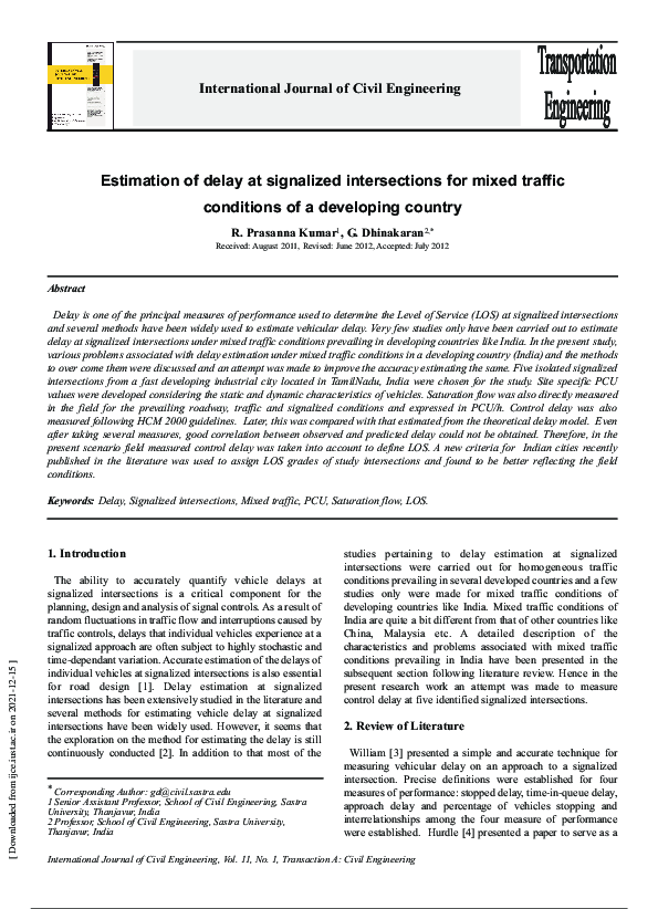 (PDF) Estimation of delay at signalized intersections for mixed traffic ...