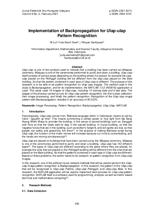 (PDF) Implementation of Backpropagation for Ulap-ulap Pattern Recognition | I Wayan Santiyasa ...