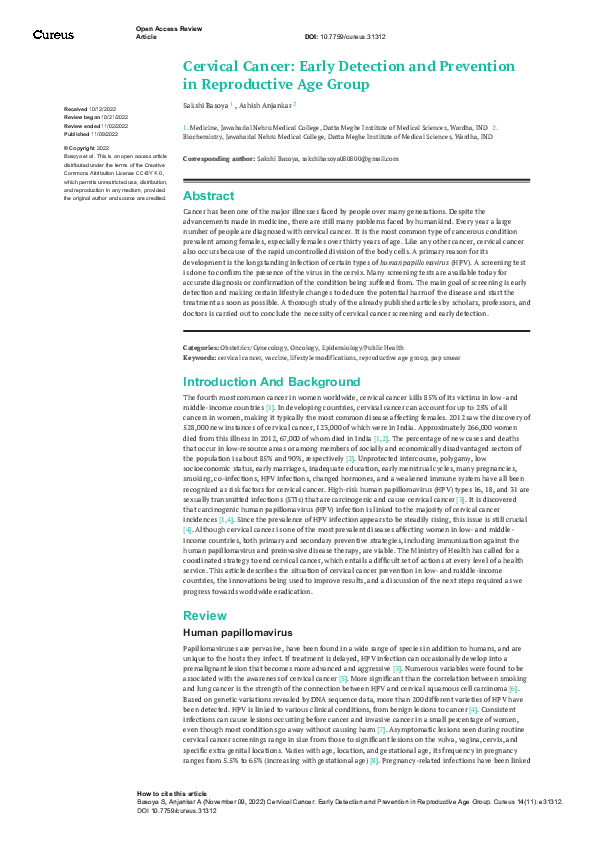 (PDF) Cervical Cancer: Early Detection and Prevention in Reproductive Age Group