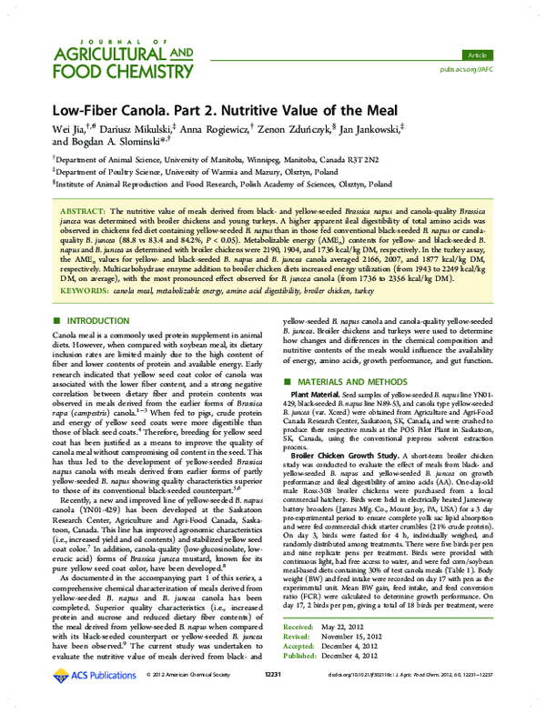 (PDF) Low-Fiber Canola. Part 2. Nutritive Value of the Meal