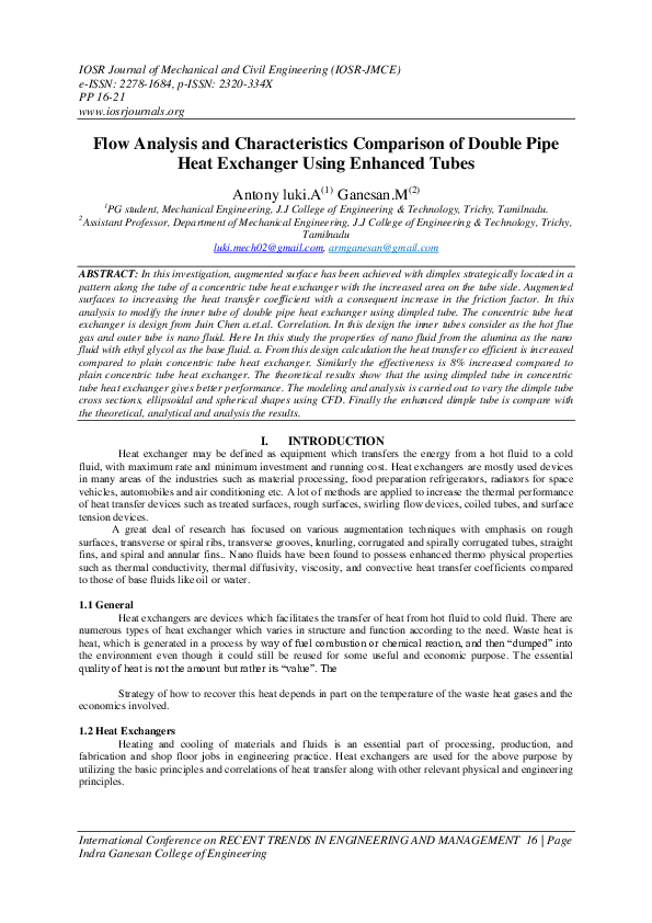 (PDF) Flow Analysis and Characteristics Comparison of Double Pipe Heat Exchanger Using Enhanced ...