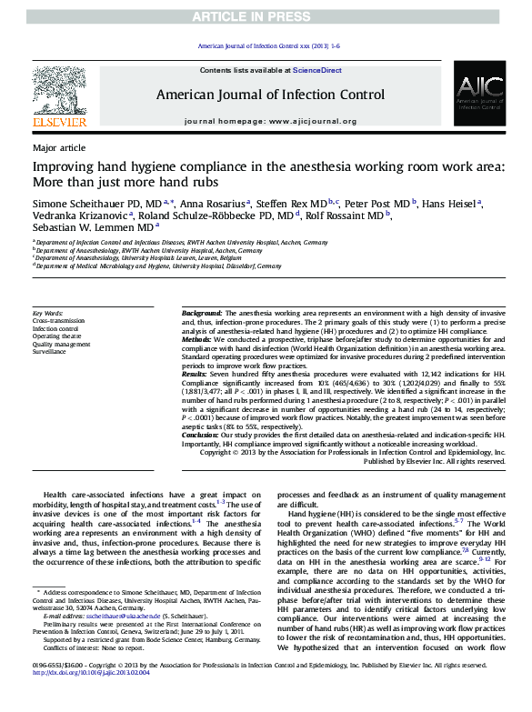 (PDF) Improving hand hygiene compliance in the anesthesia working room ...