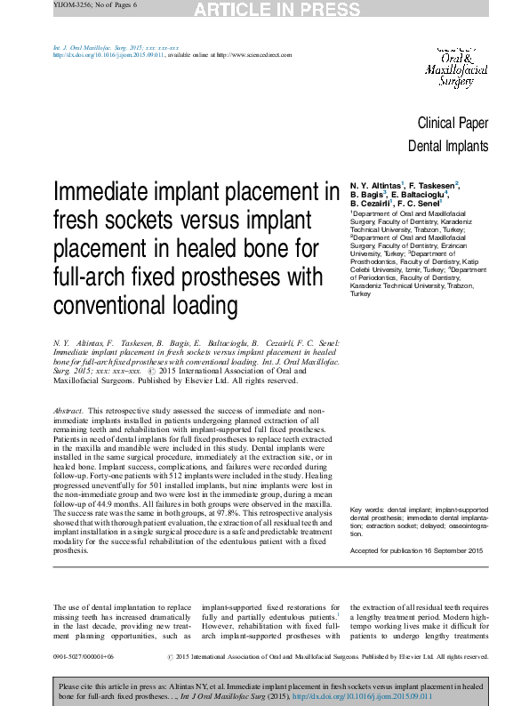 (PDF) Immediate implant placement in fresh sockets versus implant placement in healed bone for ...