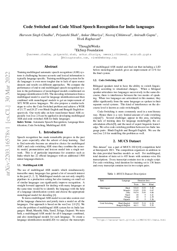 (PDF) Code Switched and Code Mixed Speech Recognition for Indic languages