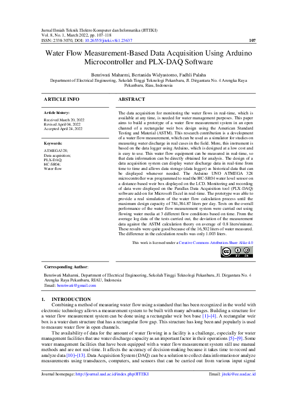 Pdf Water Flow Measurement Based Data Acquisition Using Arduino Microcontroller And Plx Daq 