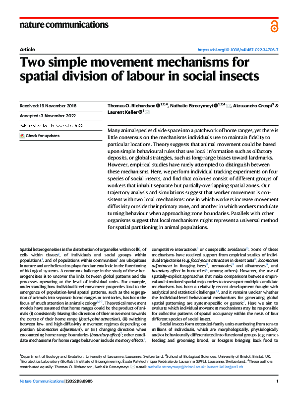 (PDF) Two simple movement mechanisms for spatial division of labour in ...
