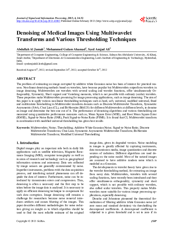 Pdf Denoising Of Medical Images Using Multiwavelet Transforms And Various Thresholding