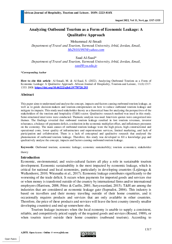 (PDF) Analyzing Outbound Tourism as a Form of Economic Leakage: A ...
