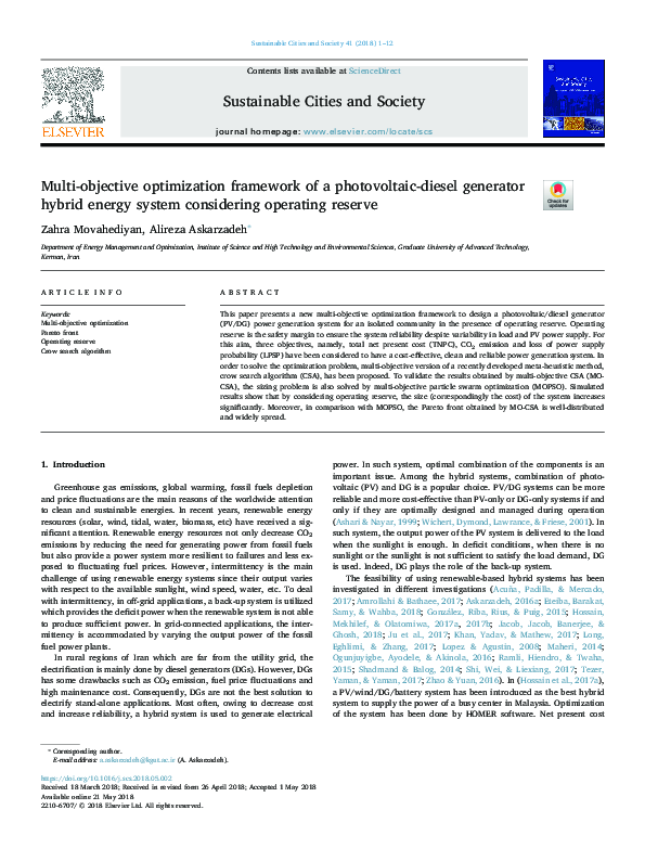 Pdf Multi Objective Optimization Framework Of A Photovoltaic Diesel Generator Hybrid Energy