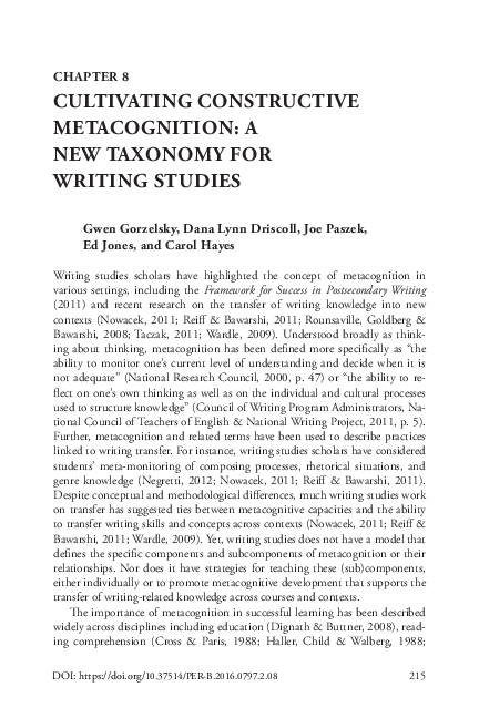 (PDF) Chapter 8. Cultivating Constructive Metacognition: A New Taxonomy ...
