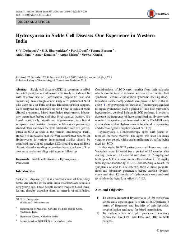(PDF) Hydroxyurea in Sickle Cell Disease: Our Experience in Western India