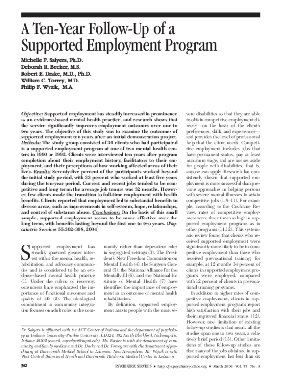 (PDF) A Ten-Year Follow-Up of a Supported Employment Program